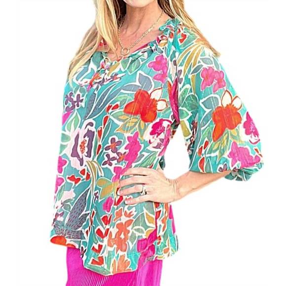 Umgee | Tops | New Umgee Lurex Metallic Floral Print Split Ruffle Neck ...